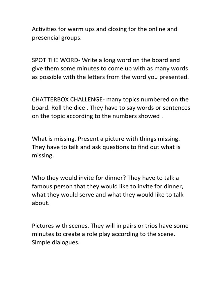 Activities For Warm Ups and Closing For The Online and Presencial ...
