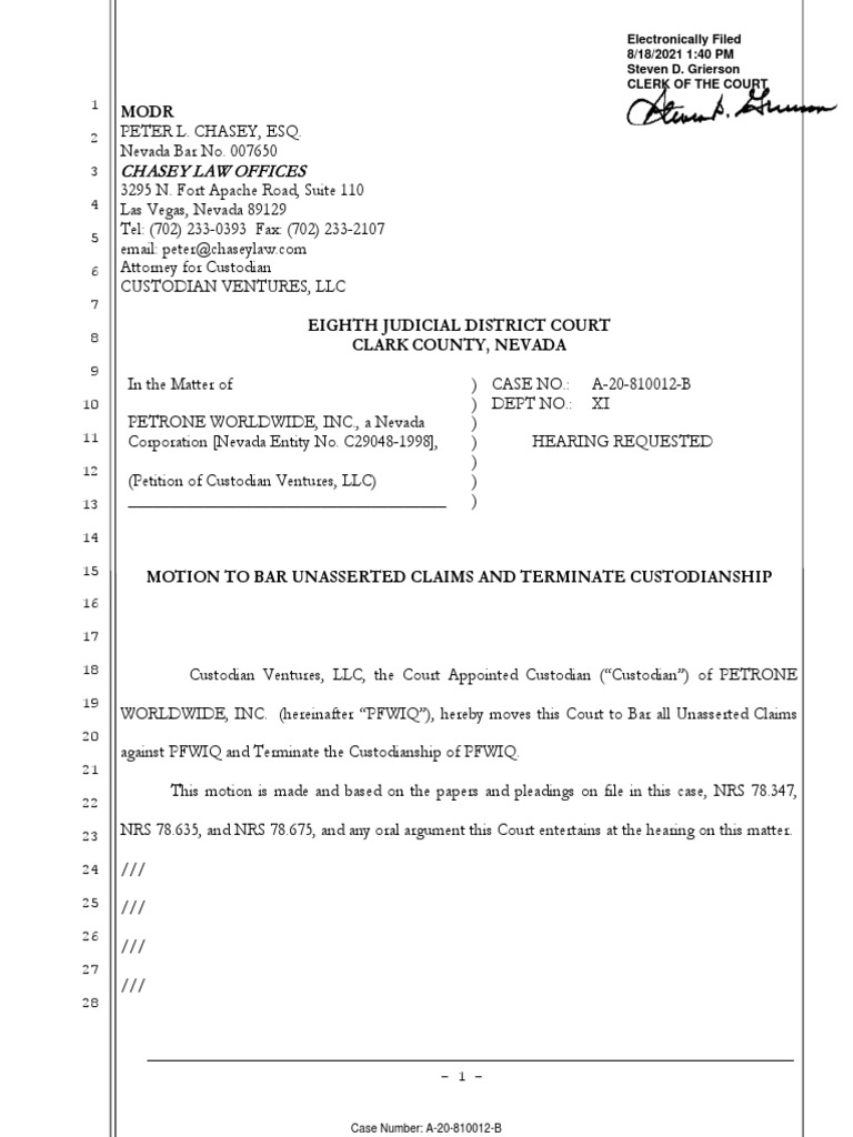 PFWIQ Motion Bar Unasserted Claims + Terminate | PDF | United States ...