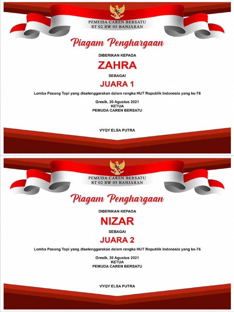 Contoh Piagam Penghargaan Lomba 17 Agustusan | PDF