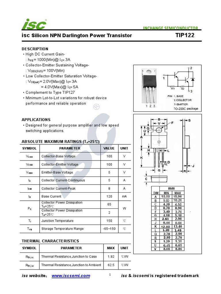 Isc TIP122: Silicon NPN Darlington Power Transistor | PDF | Bipolar ...