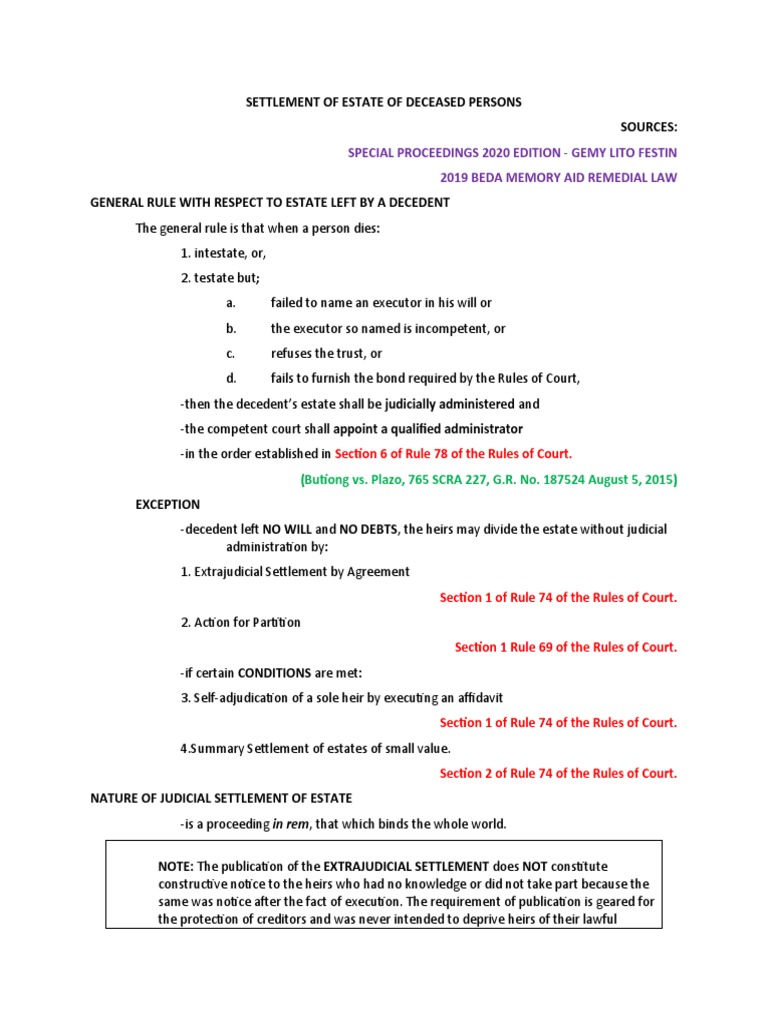 Estate Settlement Procedures Overview | PDF | Title (Property) | Intestacy