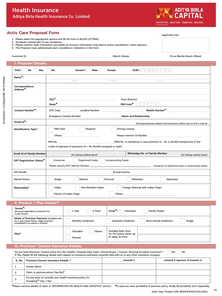 Activ Care Proposal Form | PDF | Insurance | Health Sciences