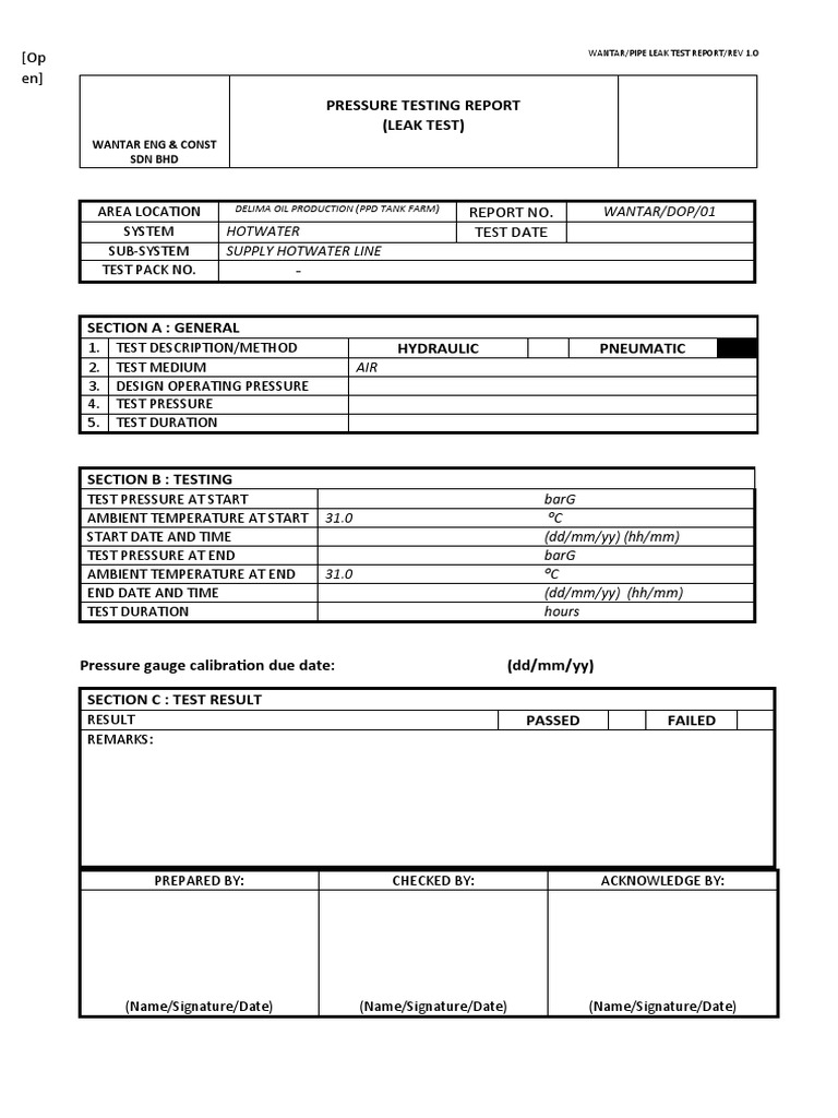 Pressure Test Report for Hotwater Line | PDF