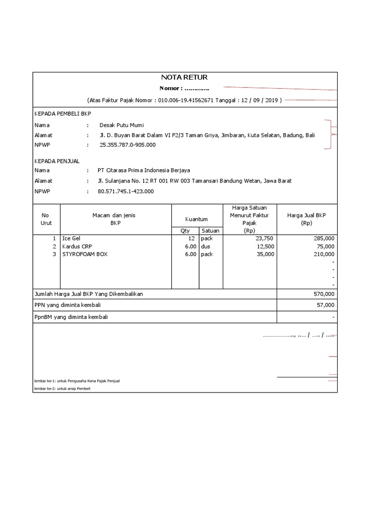 Contoh Nota Retur Pajak dan Formatnya | PDF