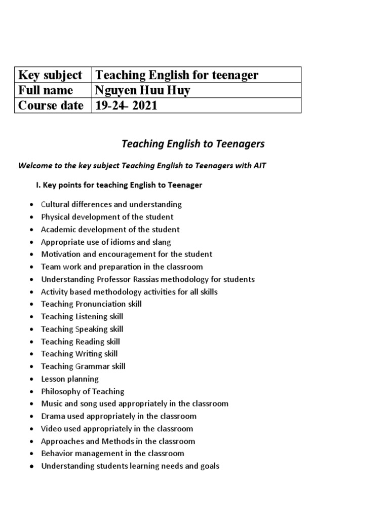 Complete Tesol Teaching English To Teenagers Thien Pham | Download Free ...