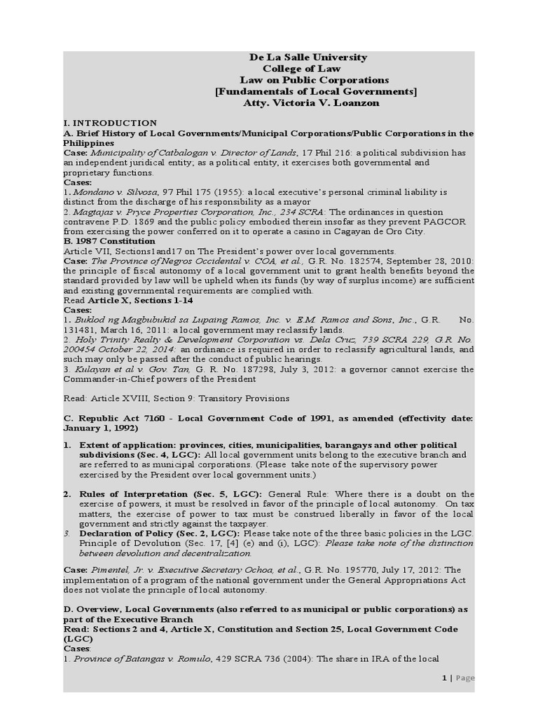 De La Salle University College of Law Law On Public Corporations (Fundamentals of Local ...