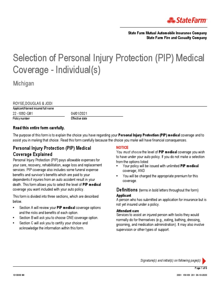 Selection of Personal Injury Protection (PIP) Medical Coverage ...