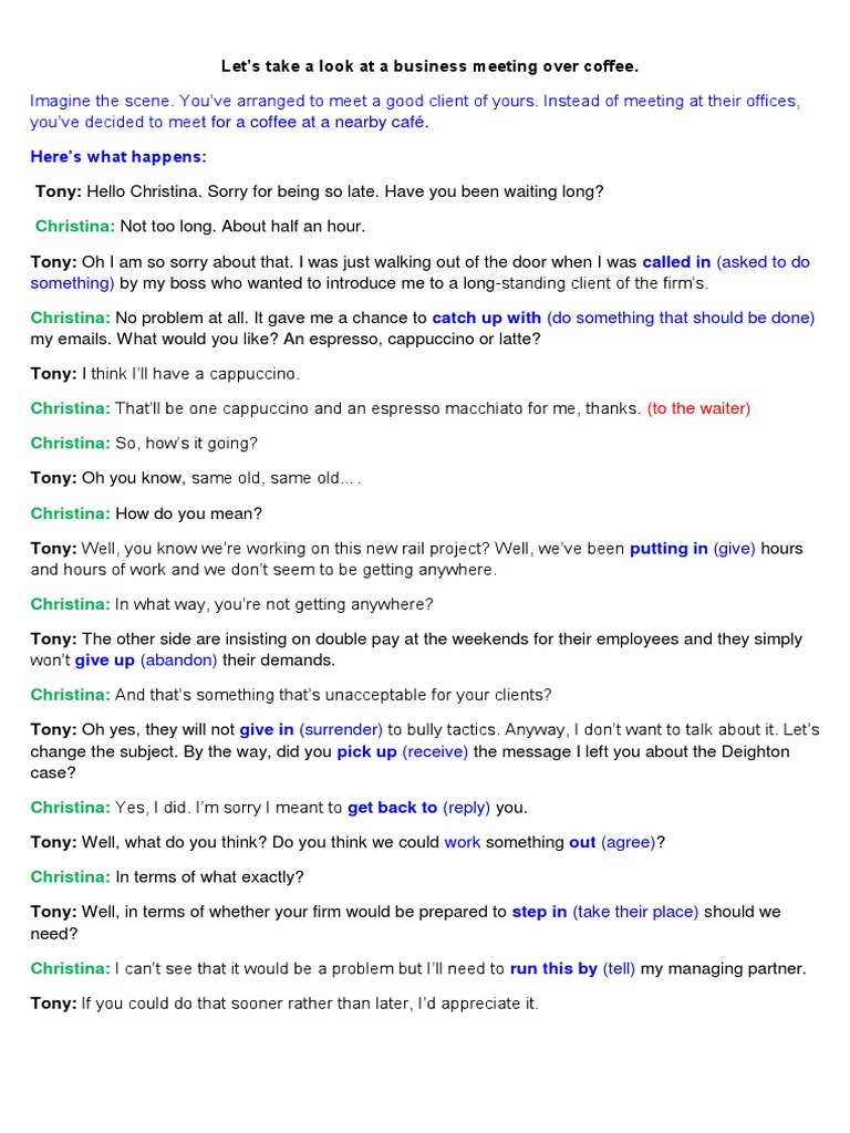 A Business Meeting Over Coffee - Phrasal Verbs | PDF | Coffee | Drink