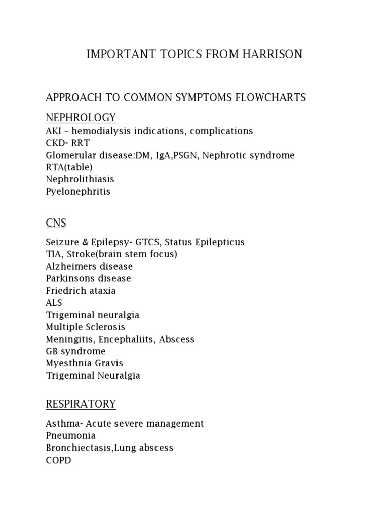 Important Topics From Harrison: Approach To Common Symptoms Flowcharts ...