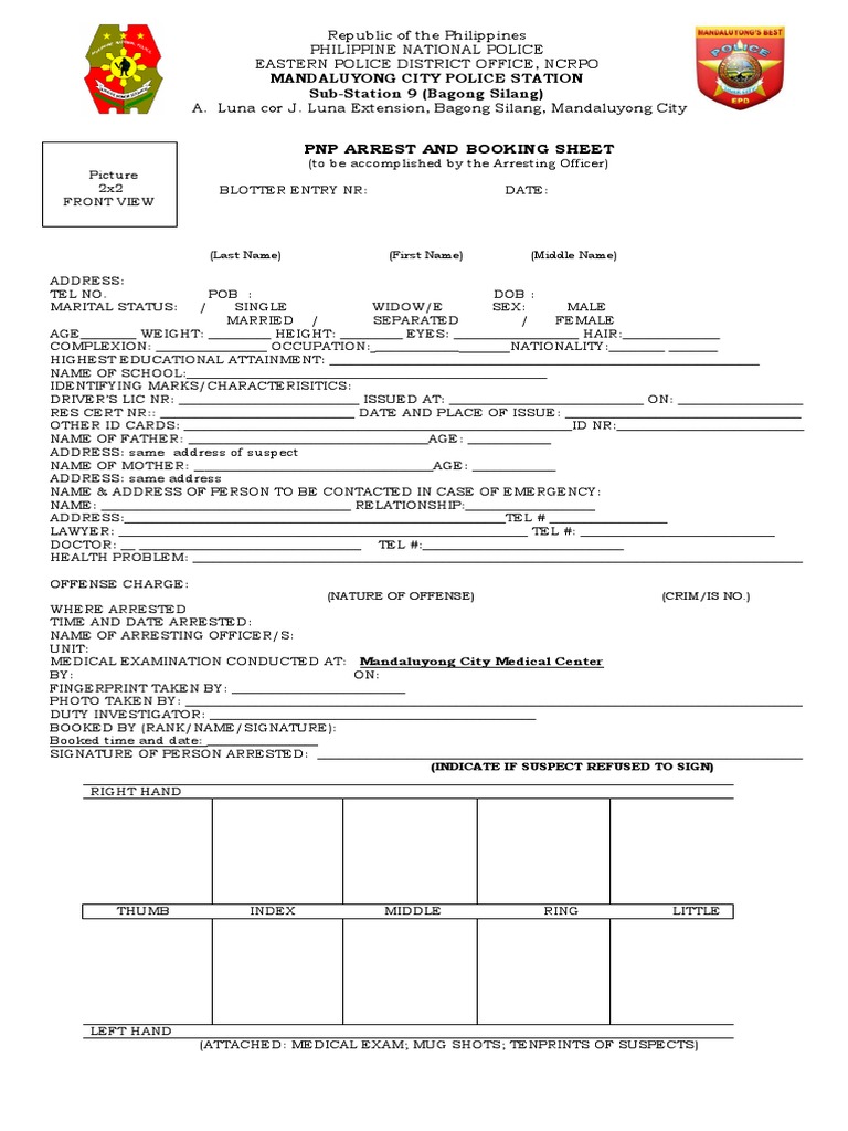 PNP Booking Form | PDF | Detective | Identity Document