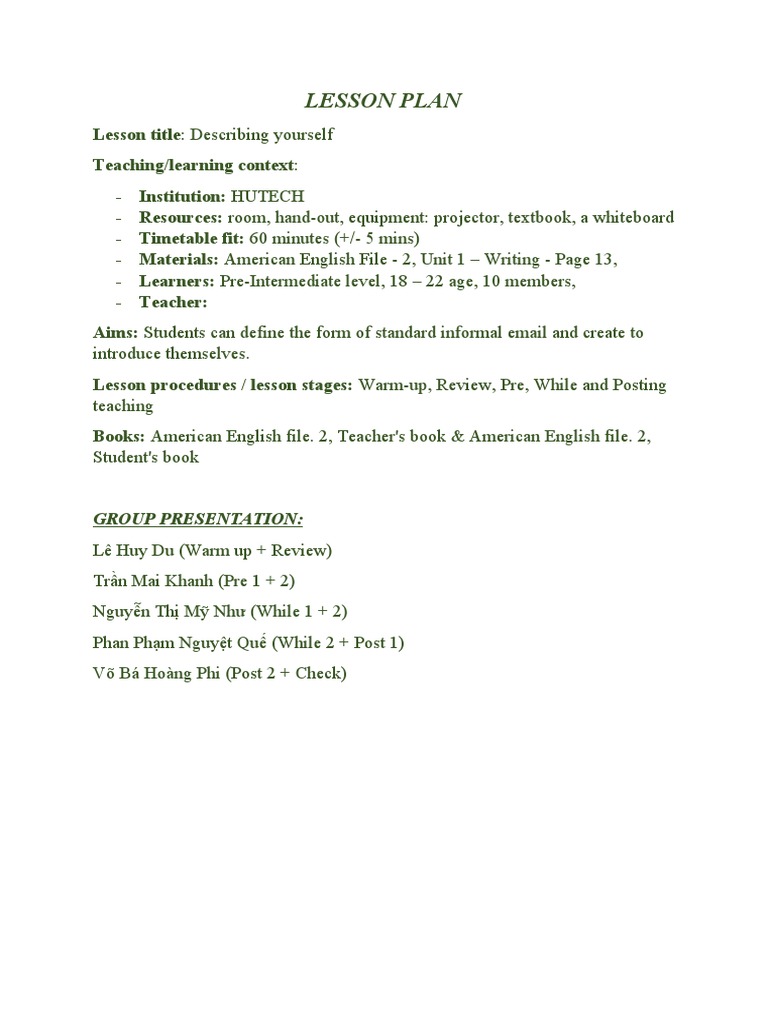 Lesson Plan: Introduce Themselves. Teaching Student's Book | PDF ...