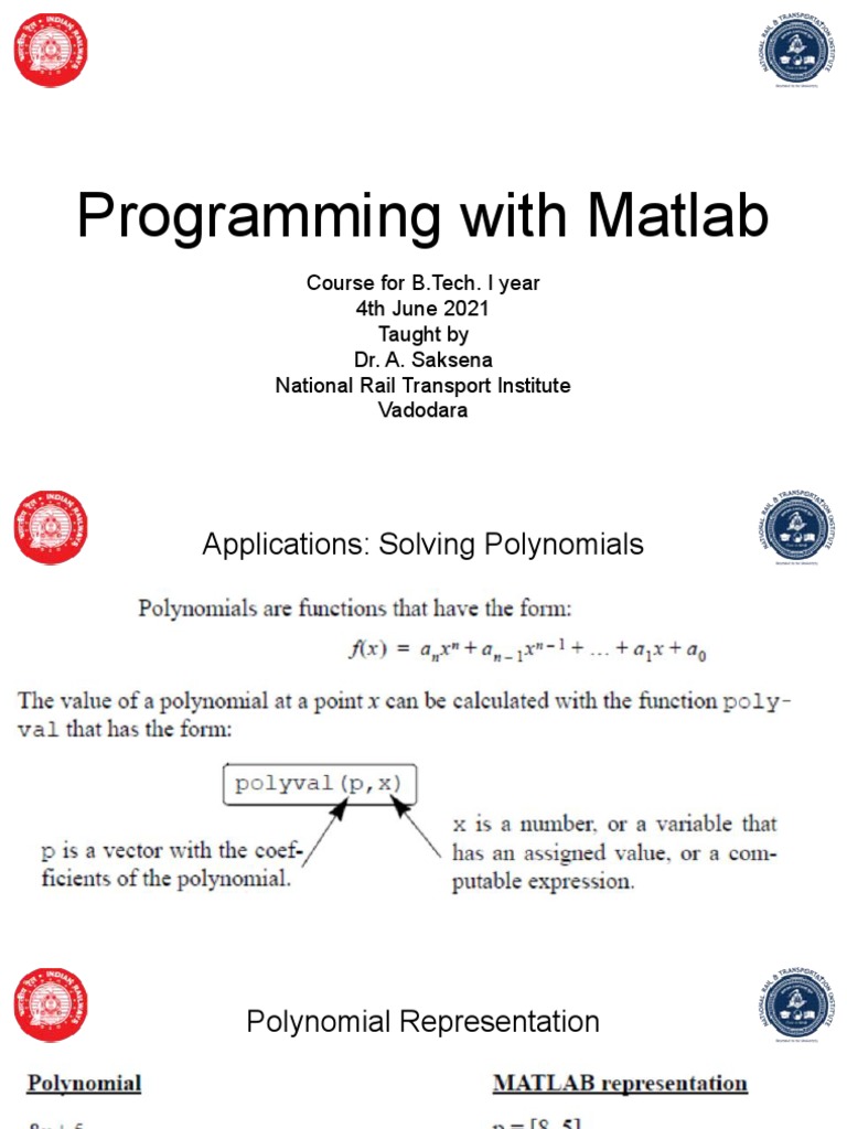 Matlab Programming Course for B.Tech. I Year | PDF | Equations | Polynomial