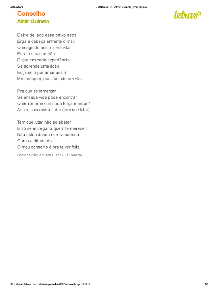 Letra da Música "Conselho" - Almir Guineto | PDF
