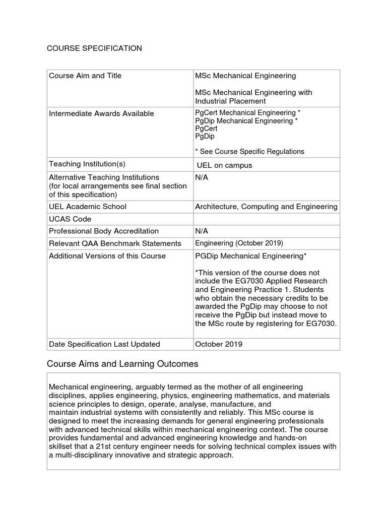 COURSE - SPECIFICATION - MSC - Mechanical - Engineering1 | PDF ...