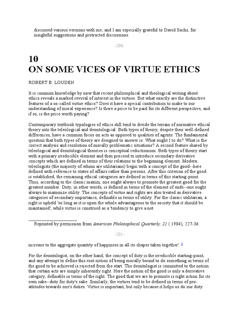 Louden, Some Vices of Virtue Ethics | PDF | Virtue Ethics | Virtue