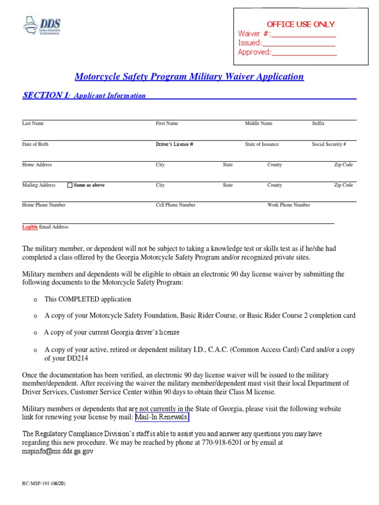 Motorcycle Safety Program Military Waiver Application: Section 1 | PDF ...