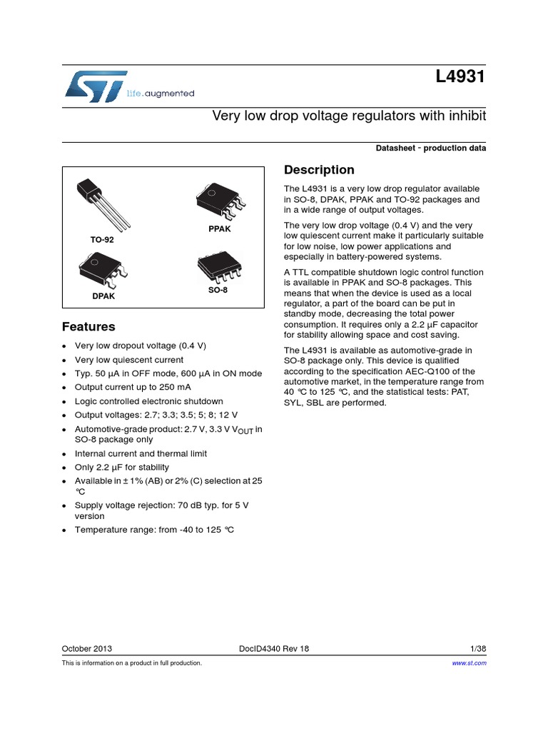 STMicroelectronics - L4931 Regulador de Voltaje Lineal 5V 250ma | PDF | Capacitor | Logic Gate