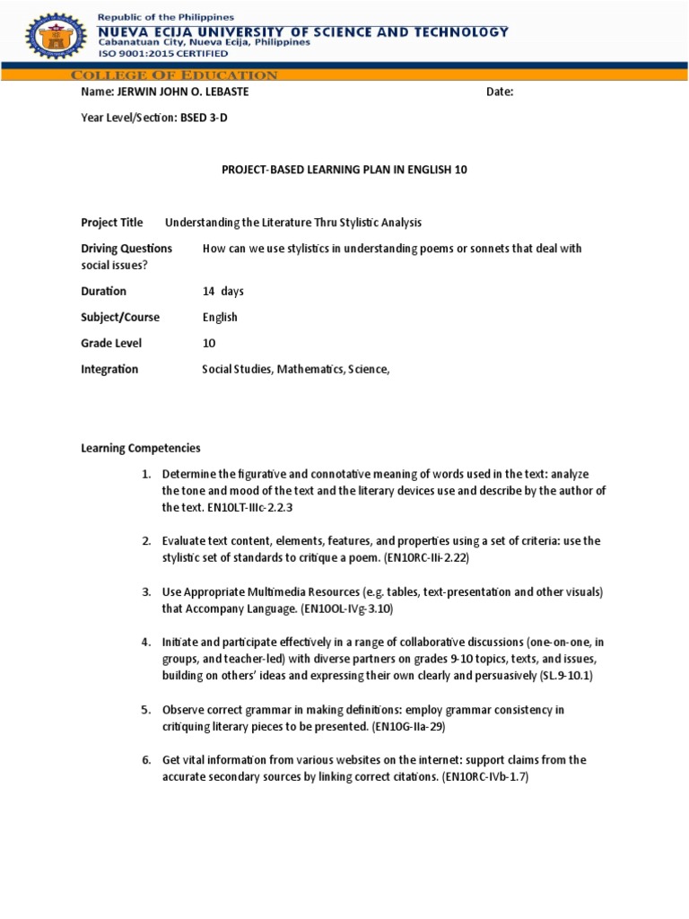 Project-Based Learning Plan in English 10 | PDF | Vocabulary | Multimedia