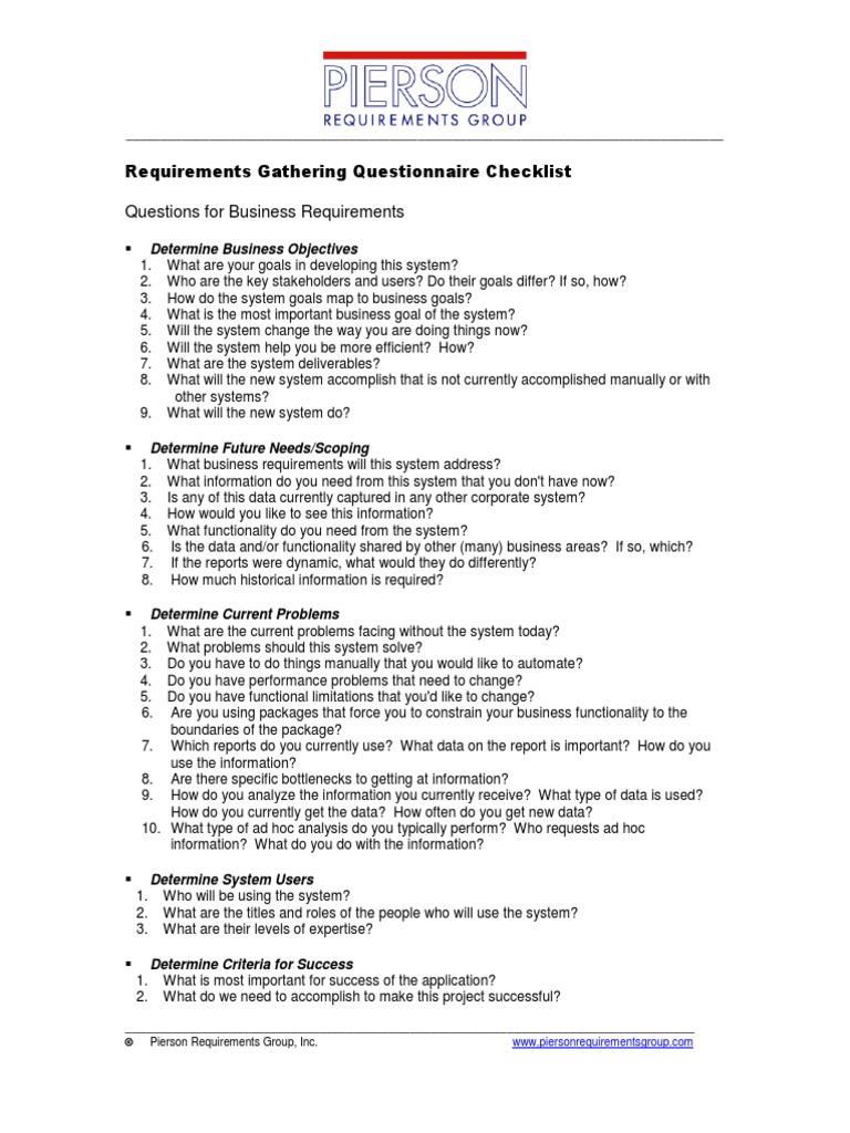 Requirements Questionnaire Checklist | PDF | System | Information