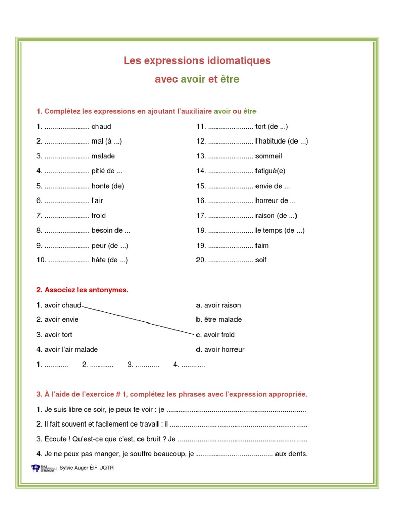 Les Expressions Idiomatiques Avec Avoir Et Être Exercices | PDF | Échecs