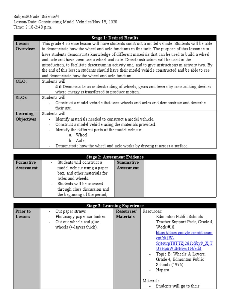 Model Vehicle Construction Lesson Plan | PDF | Axle | Cognition