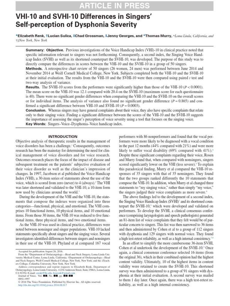 Diferencias de VHI-10 y SVHI-10 en La Autopercepción de Los Cantantes ...