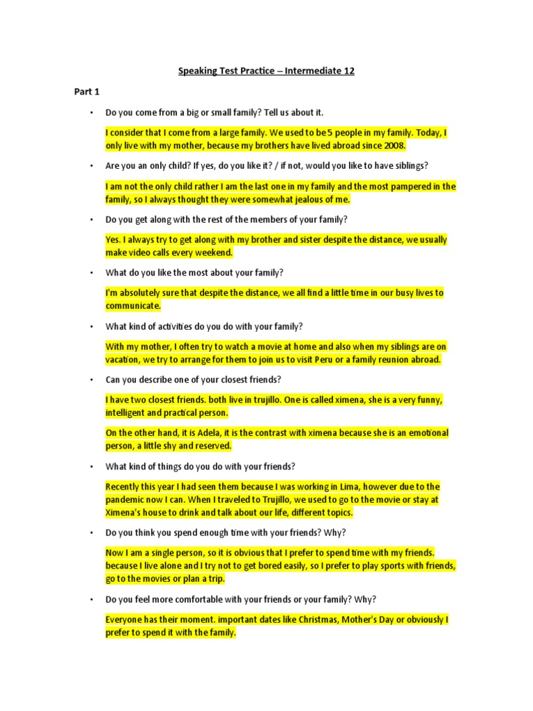Speaking Test Practice - Intermediate 12 | PDF
