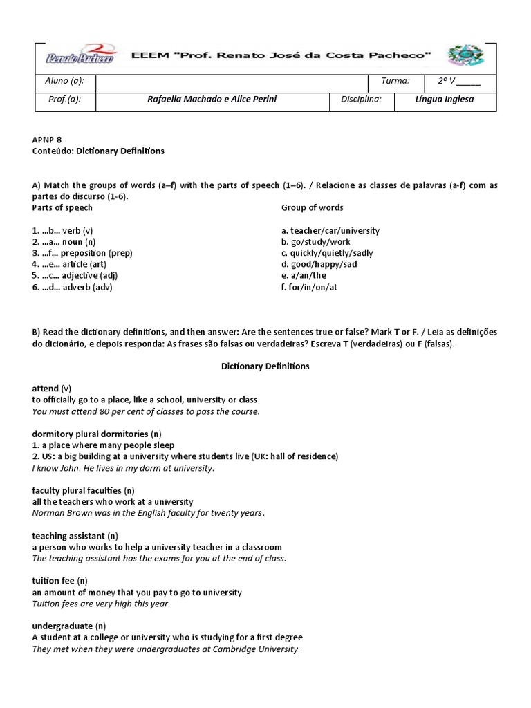 APNP 8 - Dictionary Definitions - 2º Ano | PDF | Part Of Speech | Human ...