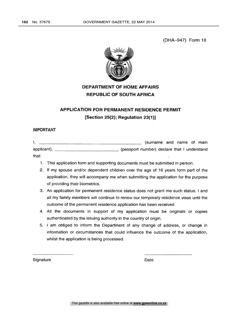 (DHA-947) Form 18: Department of Home Affairs Republic of South Africa ...