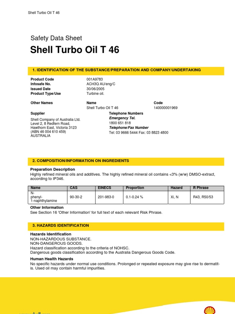 Shell Turbo T 46 | PDF | Dangerous Goods | Toxicity