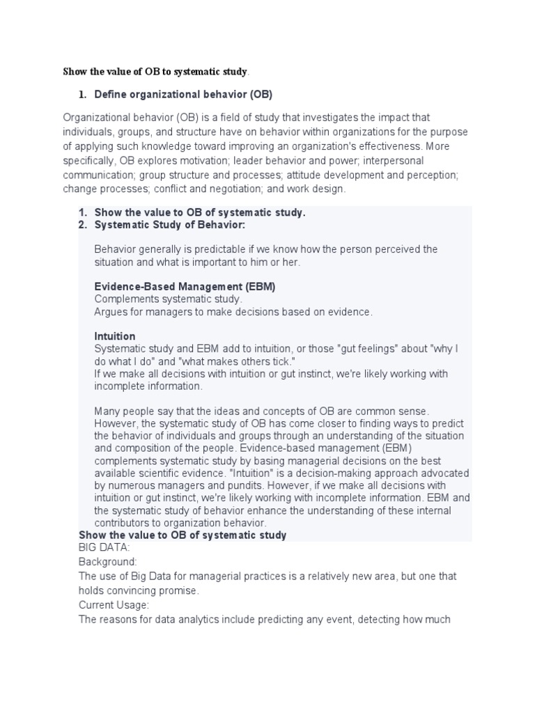 Define Organizational Behavior (OB) : Show The Value of OB To ...