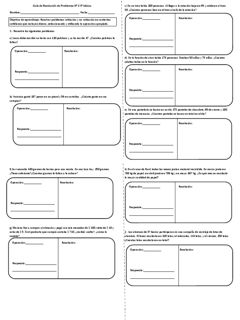 Guía de Resolución de Problemas 3° Básico Adiciones y Sustracciones | PDF