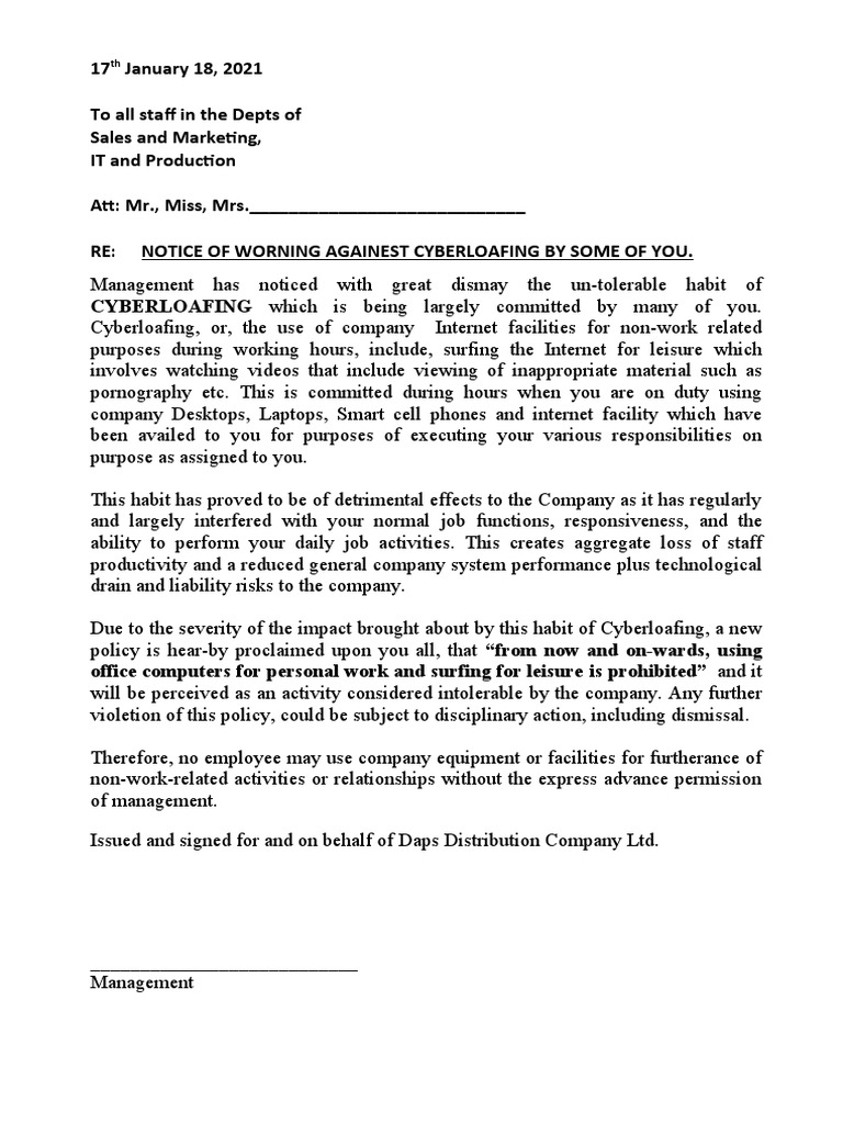 Warning Against Cyberloafing Policy | PDF | Career & Growth | Computers
