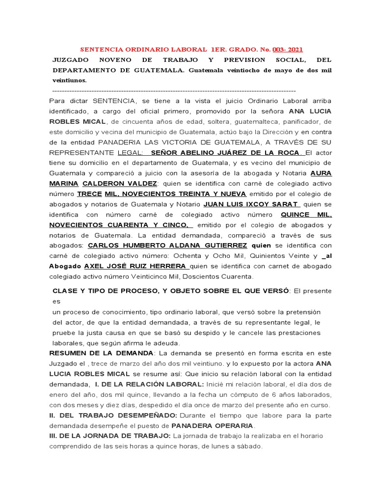 12) - Sentencia Laboral 1ER Grado | PDF | Estatuto de limitaciones ...