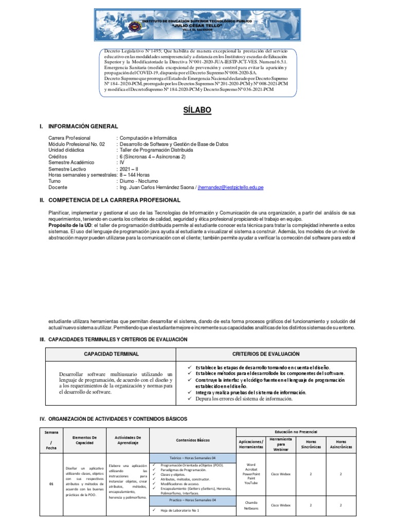 Silabo Taller De Programacion Distribuida 2021 Pdf Objeto Informática Programación De 