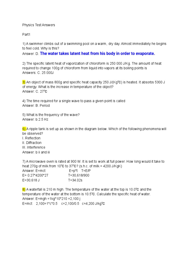 Physics Test Answers | PDF | Waves | Heat