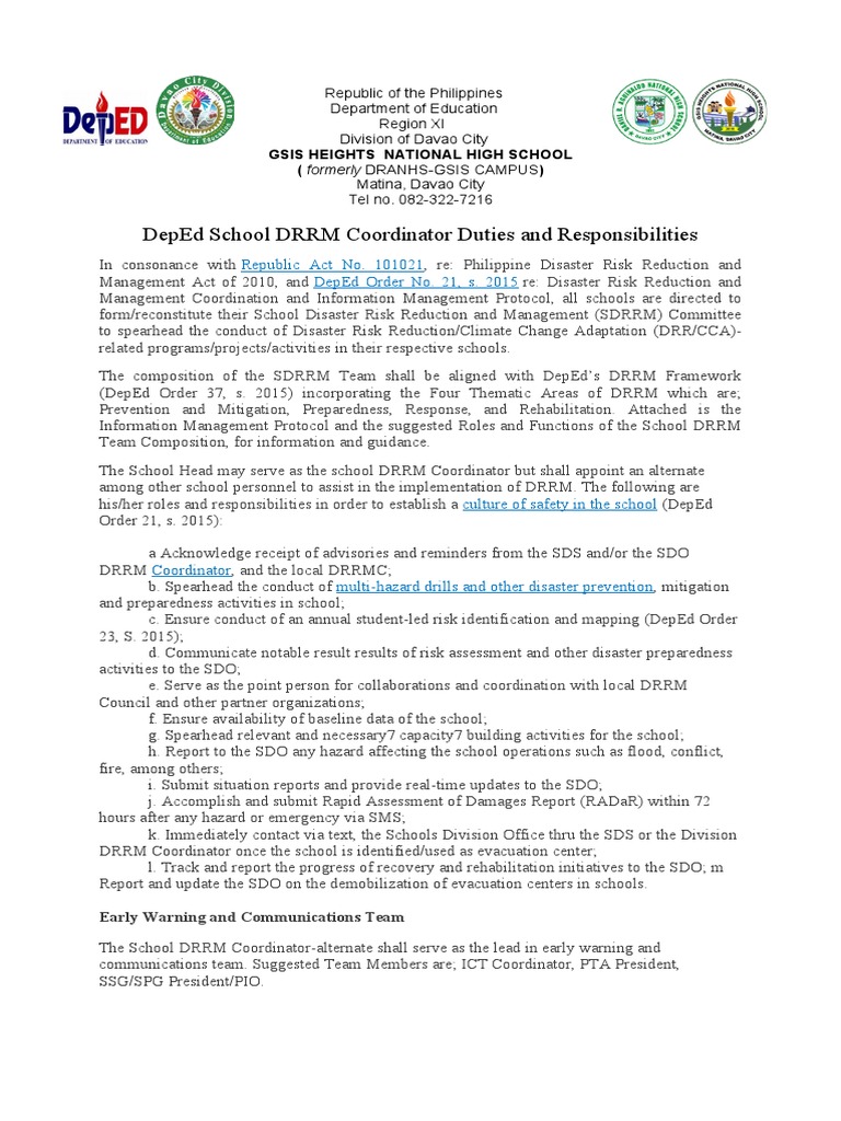 School DRRM Coordinator Responsibilities | PDF | Emergency Management ...