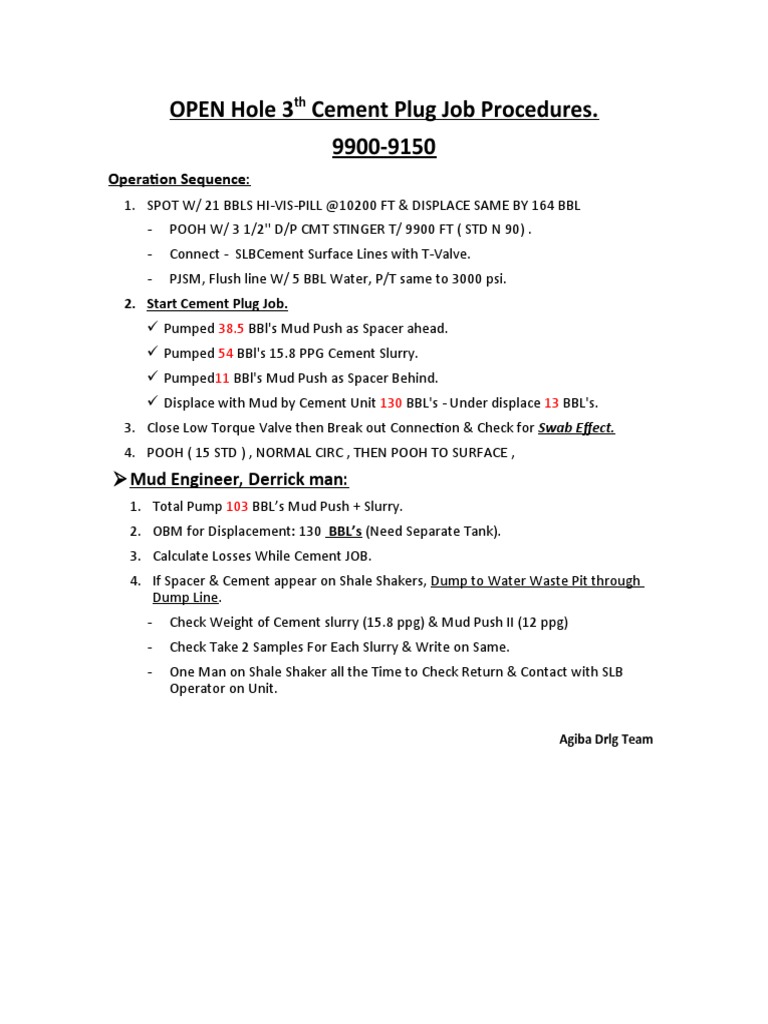OPEN Hole 3 Cement Plug Job Procedures. 9900-9150: Operation Sequence | PDF