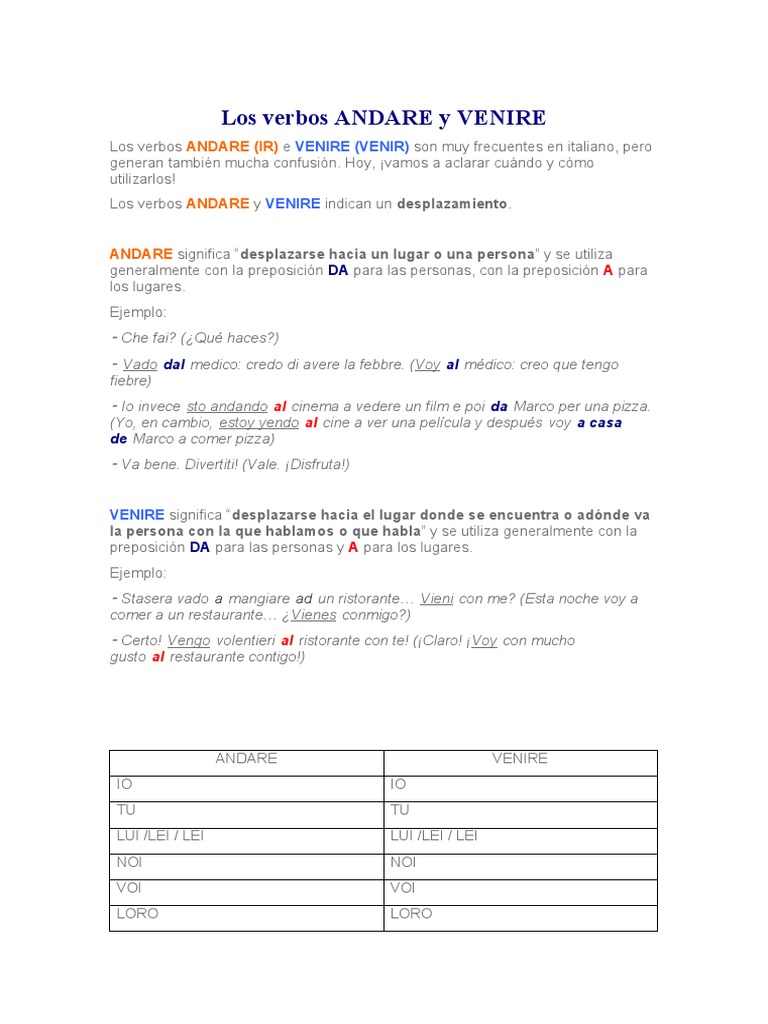 Andare o Venire | PDF | Artes del Lenguaje y Comunicación