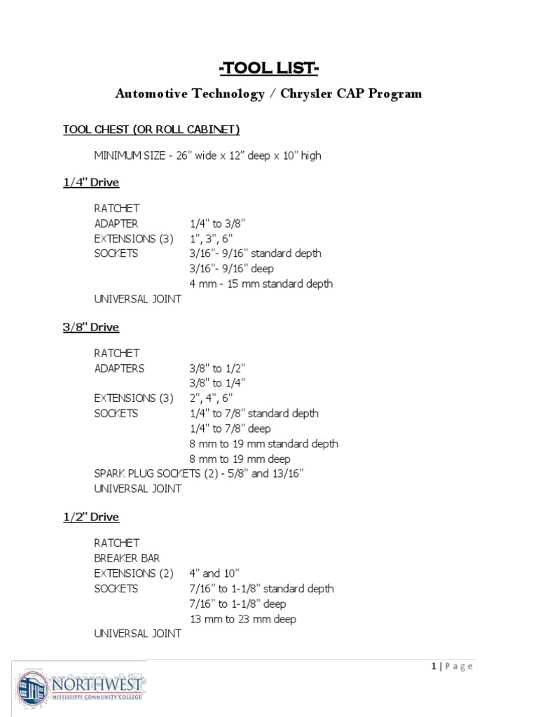 Tool List-: Automotive Technology / Chrysler CAP Program | PDF ...