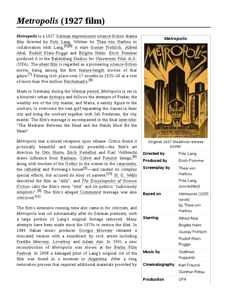 Metropolis (1927 Film) : Metropolis Is A 1927 German Expressionist ...