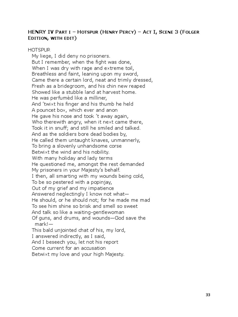 Hotspur Henry IV Part I Monologue | PDF