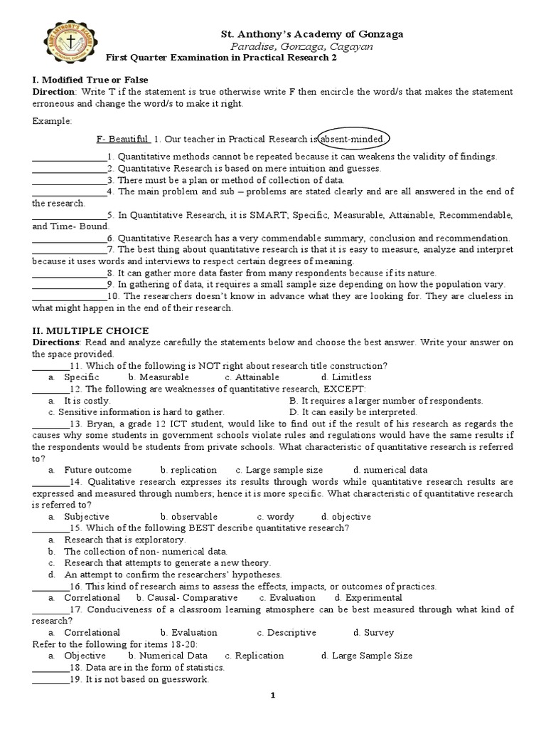Exam in Practical Research 2 | PDF | Experiment | Quantitative Research