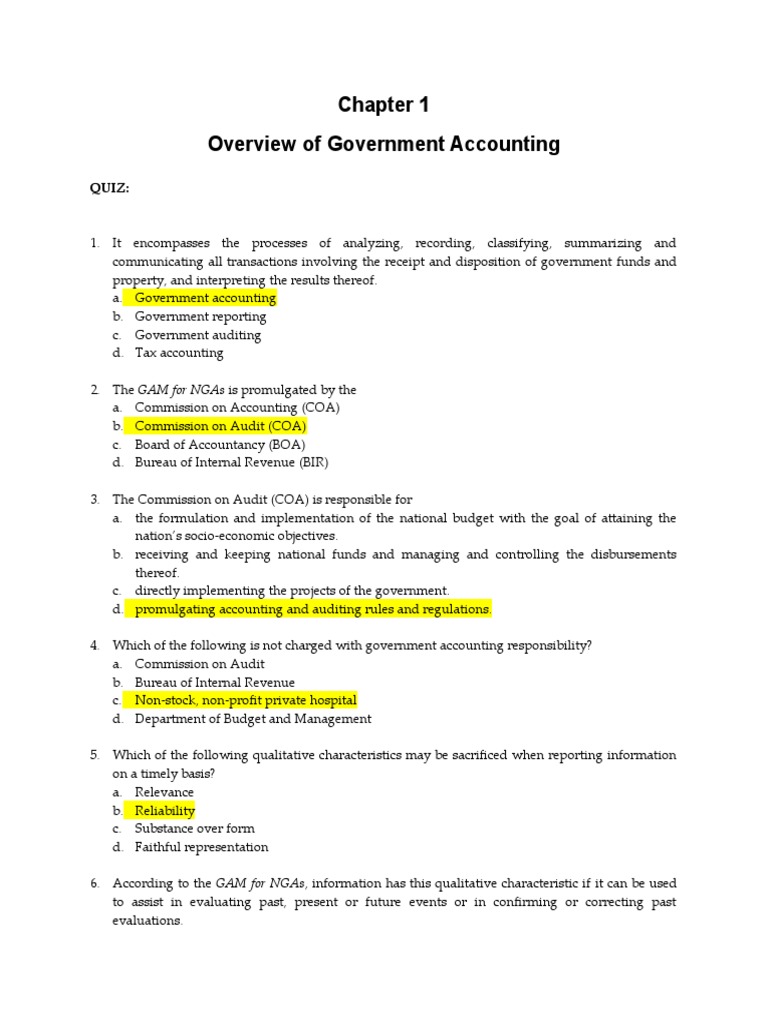 Government Accounting Overview Quiz | PDF | Audit | Accounting