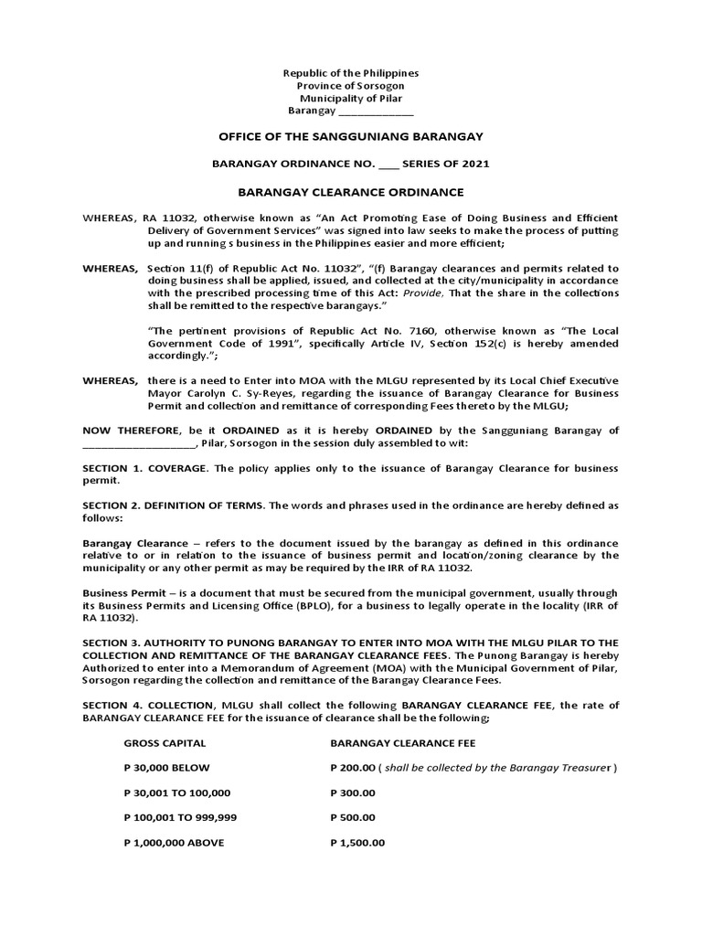 Barangay Clearance Ordinance | PDF | Business | Legal Documents