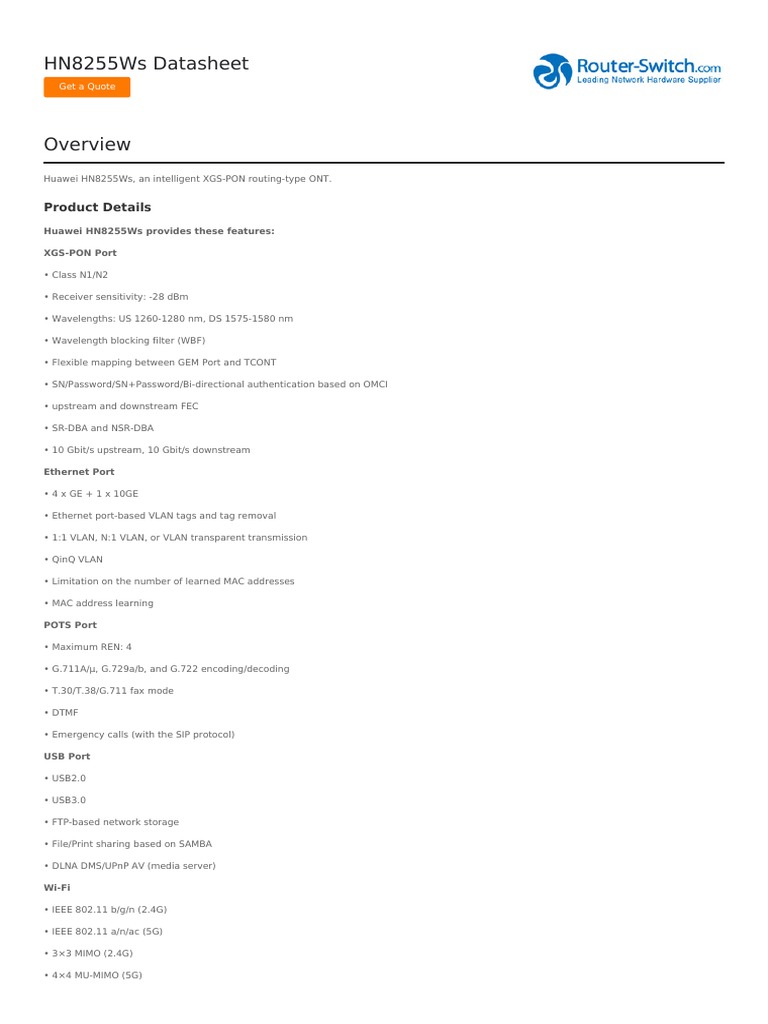 HN8255Ws Datasheet: Product Details | PDF | Ip Address | Wi Fi