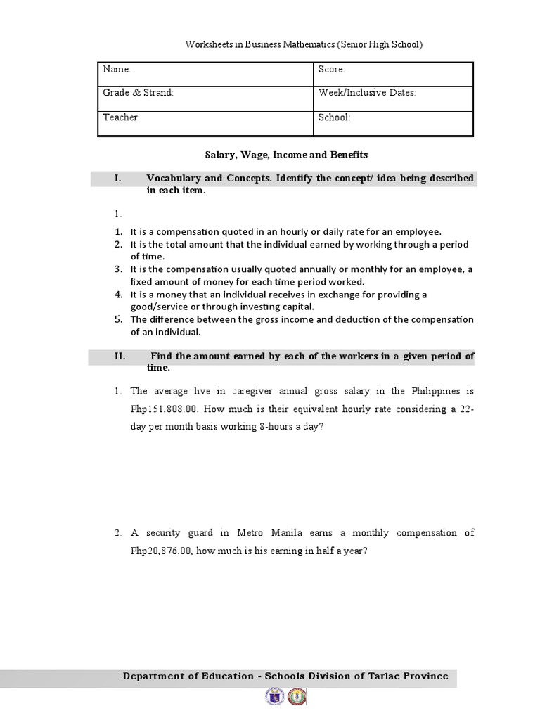 Business Mathematics Worksheet Week 3 | Download Free PDF | Salary | Income