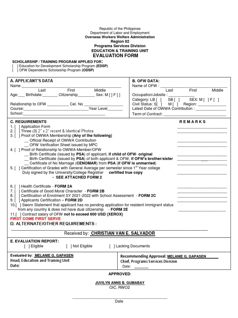 EDSP/ODSP Application Evaluation Form | PDF | Birth Certificate