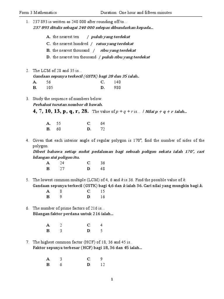 Form 3 Mathematics March Test ppr1 | PDF