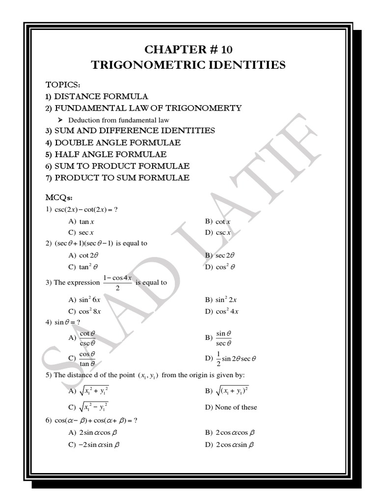 Chapter # 10 Trigonometric Identities | PDF | Trigonometric Functions ...